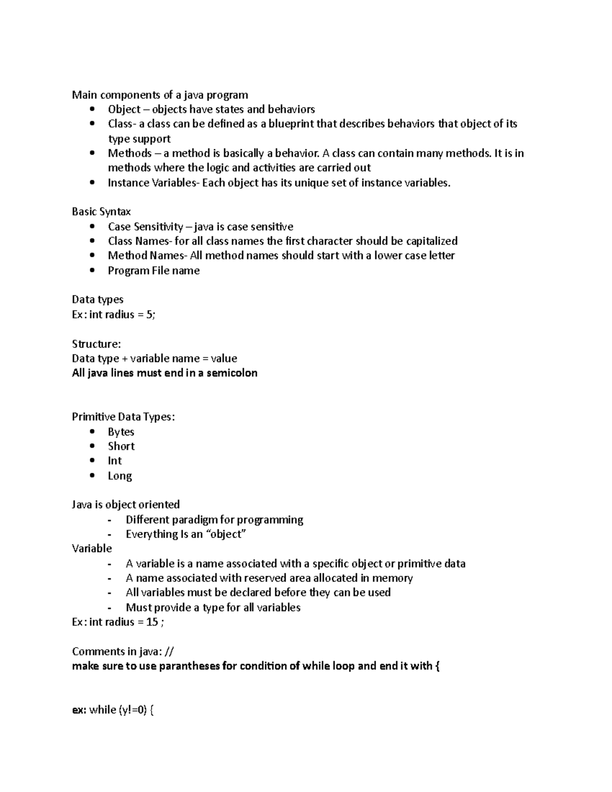 CS 2110 AUG 30 - Lecture notes 2 - Main components of a java program ...