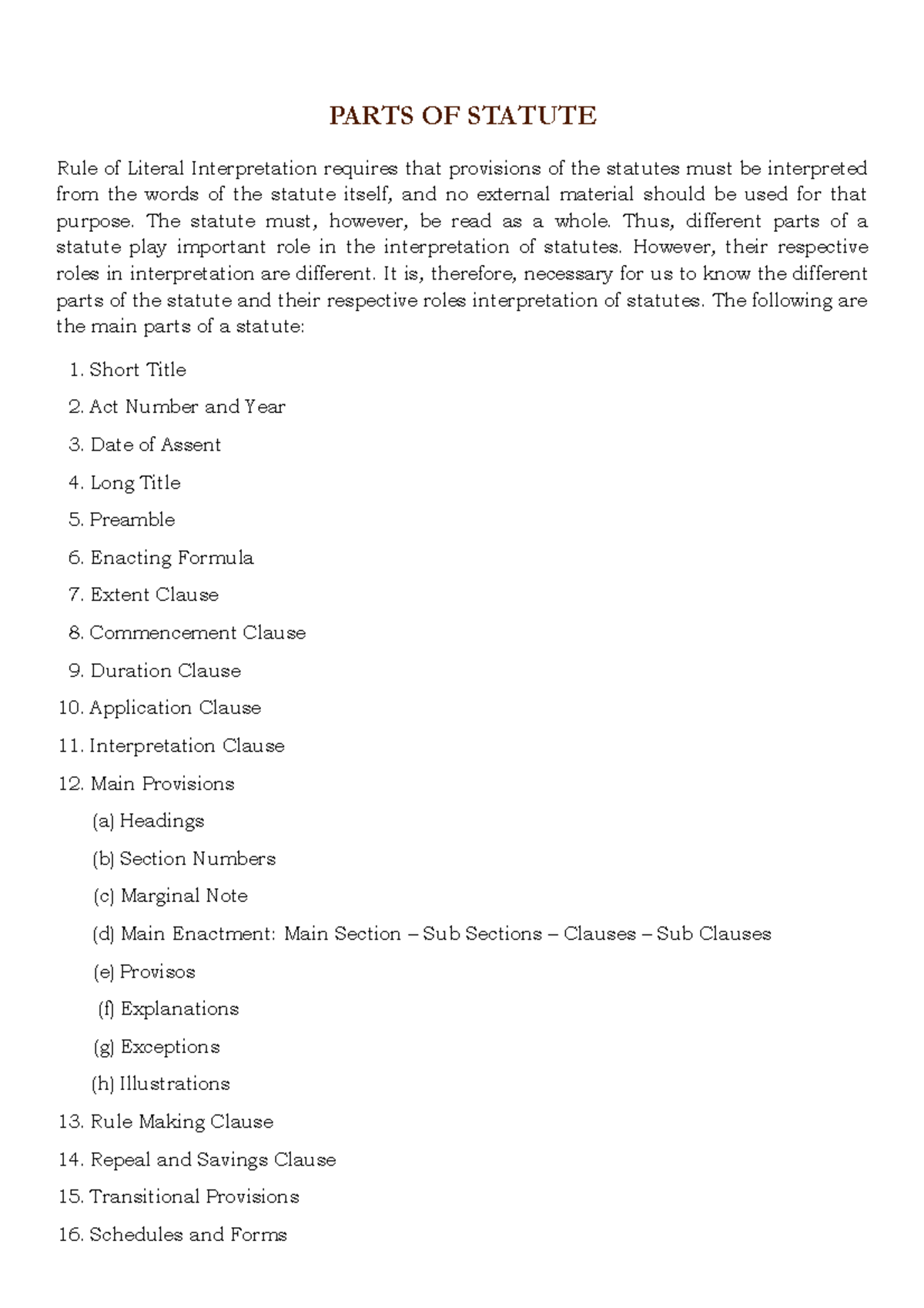 G. M. Wagh - Parts of a Statute - Detailed - PARTS OF STATUTE Rule of ...