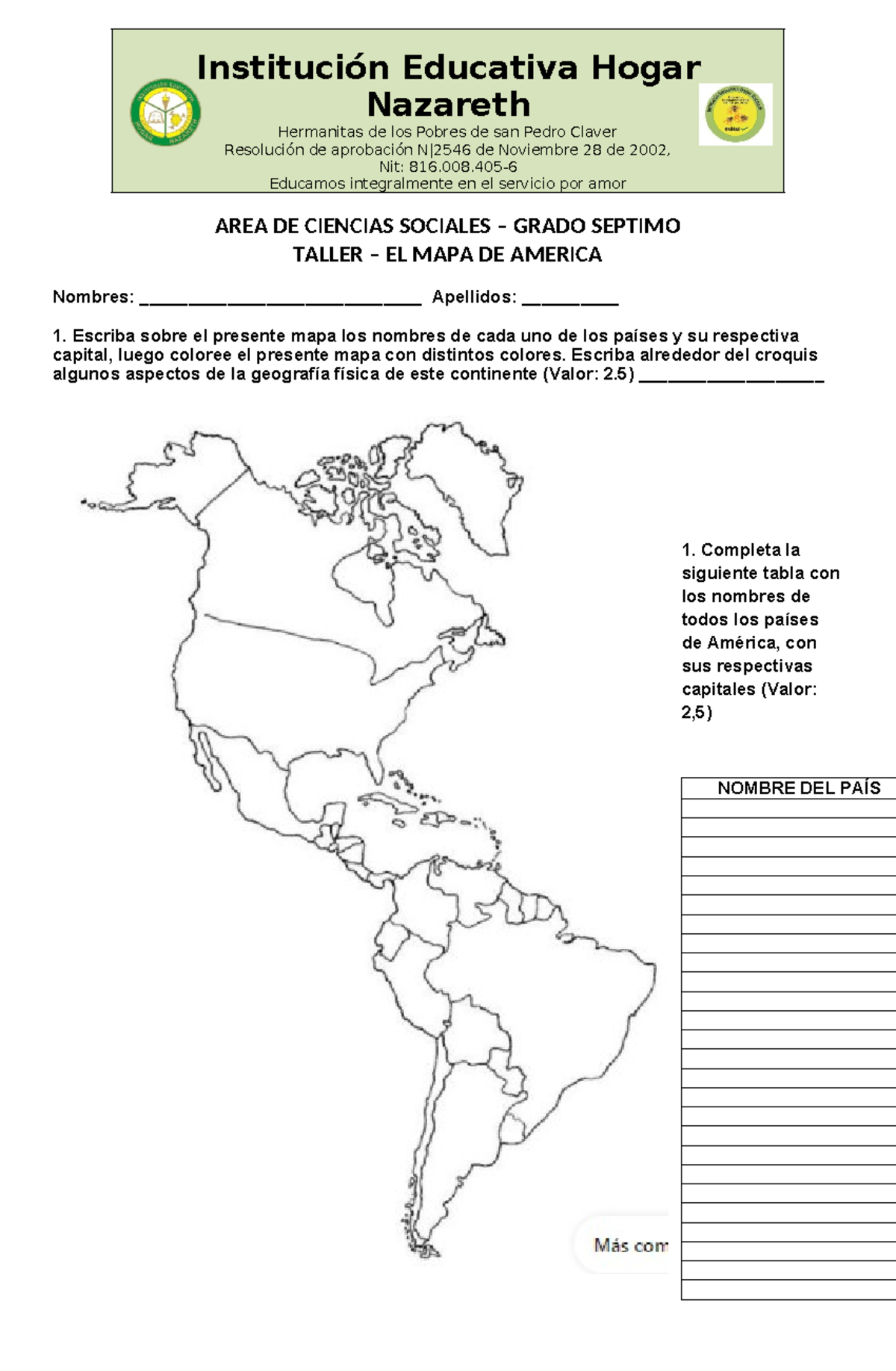 Taller MAPA DE America - Para aprender a ubicar en el mapa - AREA DE ...