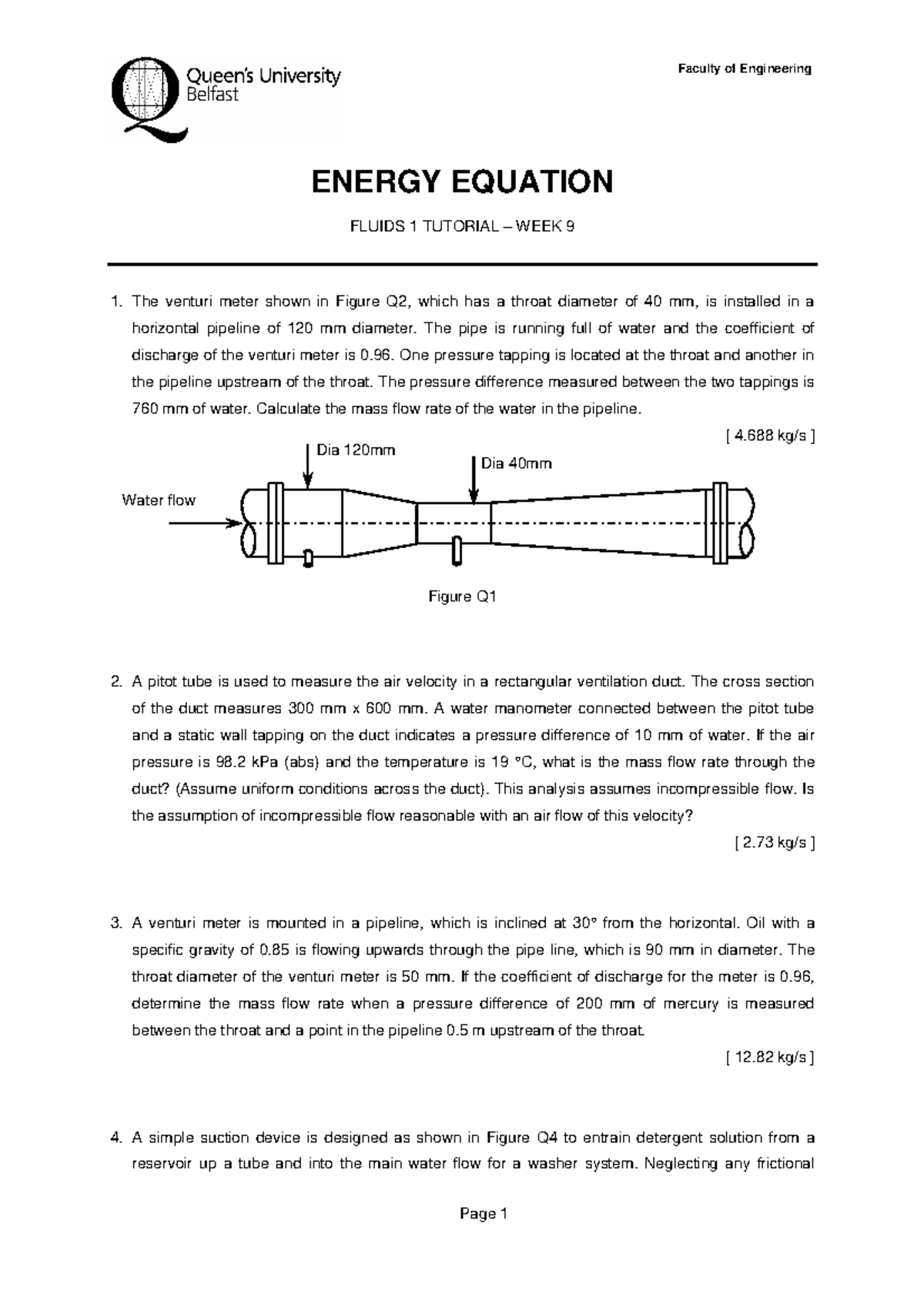 Tutorial Questions - Week 9 - Energy Eqn - Page 1 ENERGY EQUATION ...