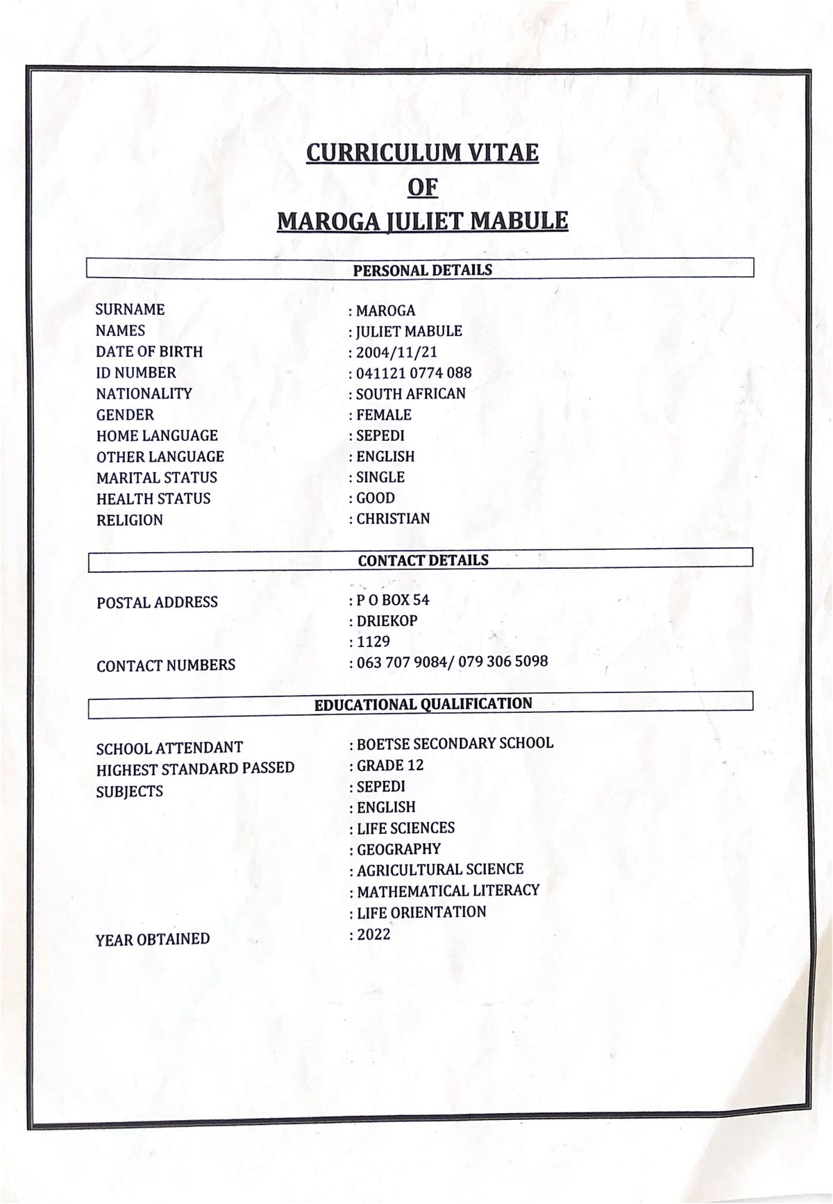 Cv of Juliet Maroga - Studocu