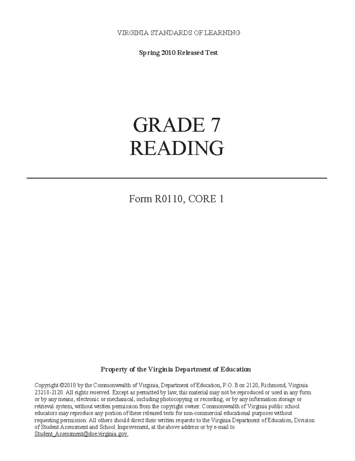 7Reading SOL 2010 - matagtag - VIRGINIA STANDARDS OF LEARNING Spring ...