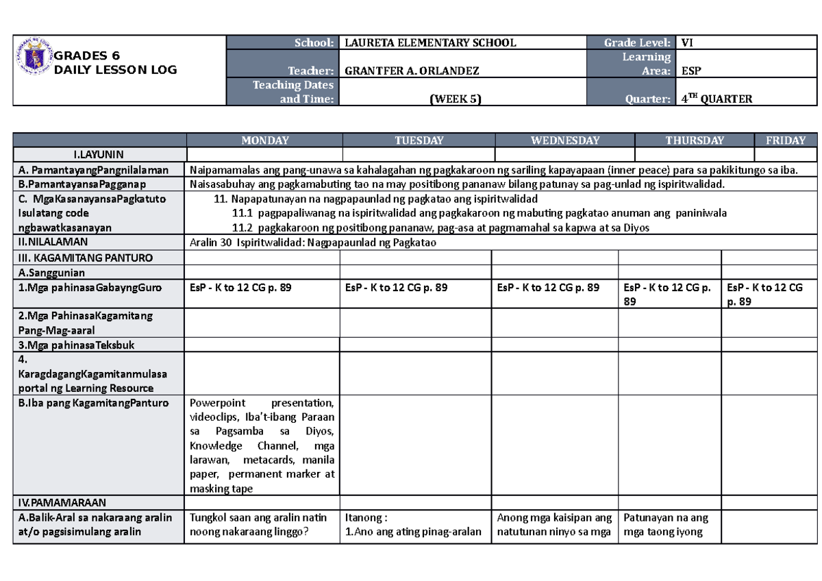 DLL ESP 6 Q4 W5 - PRA - GRADES 6 DAILY LESSON LOG School: LAURETA ...