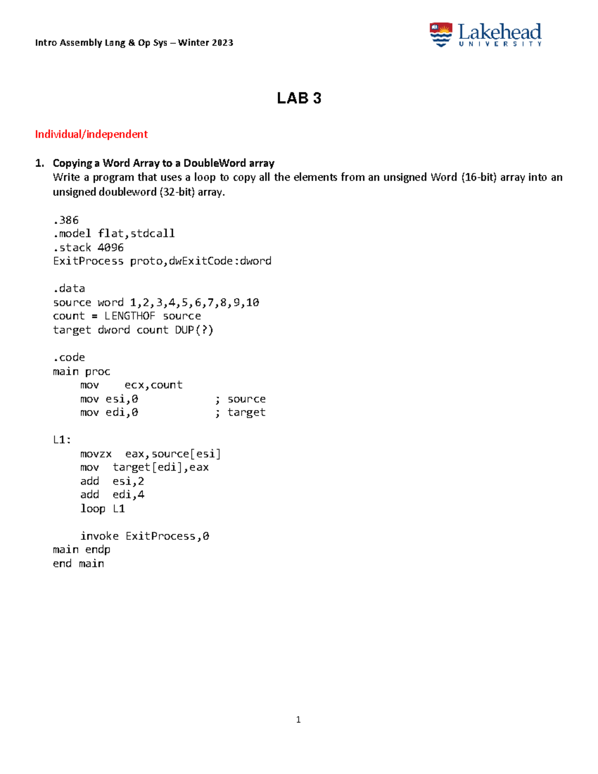 Lab 3 - Solution - Intro Assembly Lang & Op Sys – Winter 2023 1 LAB 3 Individual/independent 1 ...