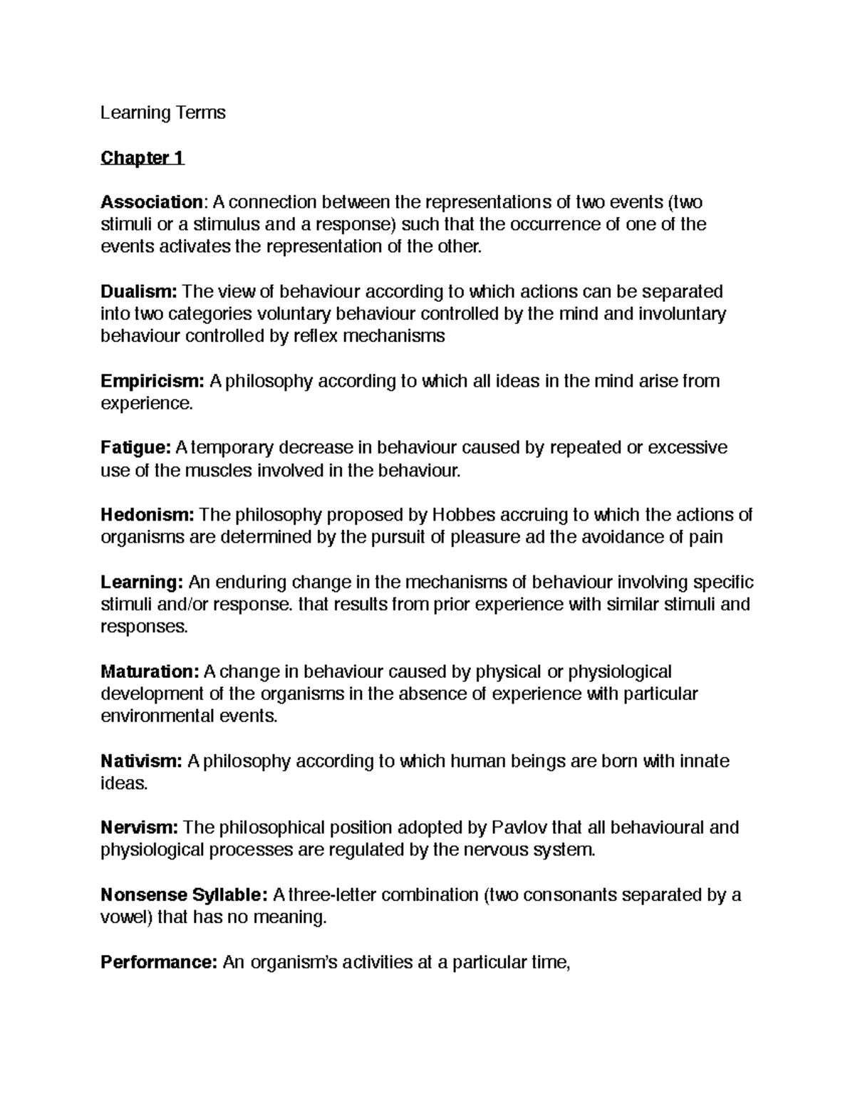 Definitions from chapters 1-4 in learning - Learning Terms Chapter 1 ...