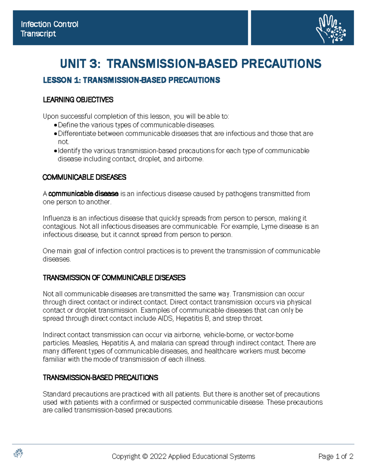 Lesson Transcript - its good - Transcript UNIT 3 : TRANSMISSION-BASED ...