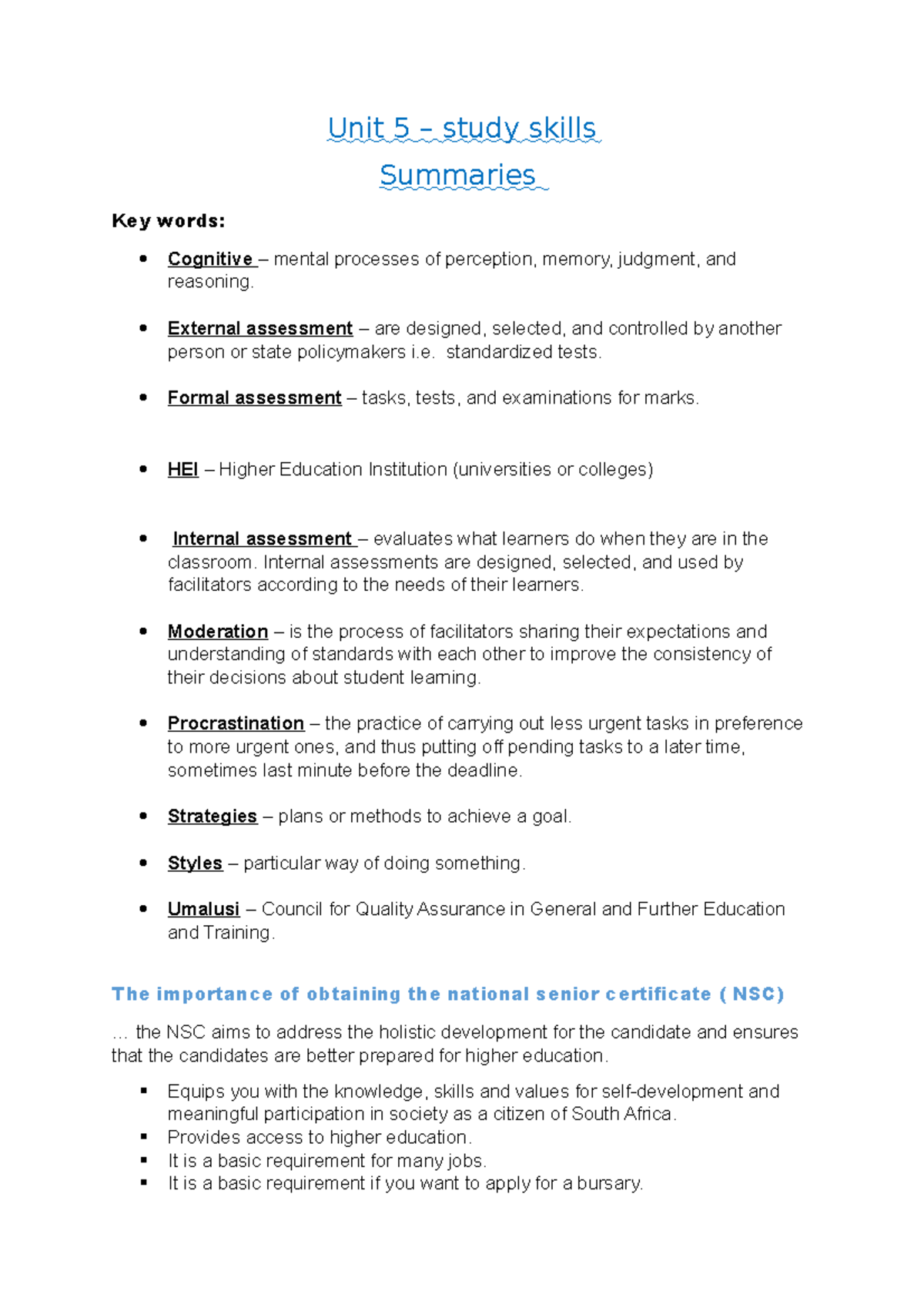Lo summaries - life orientation speech - Unit 5 – study skills Summaries Key words: Cognitive ...
