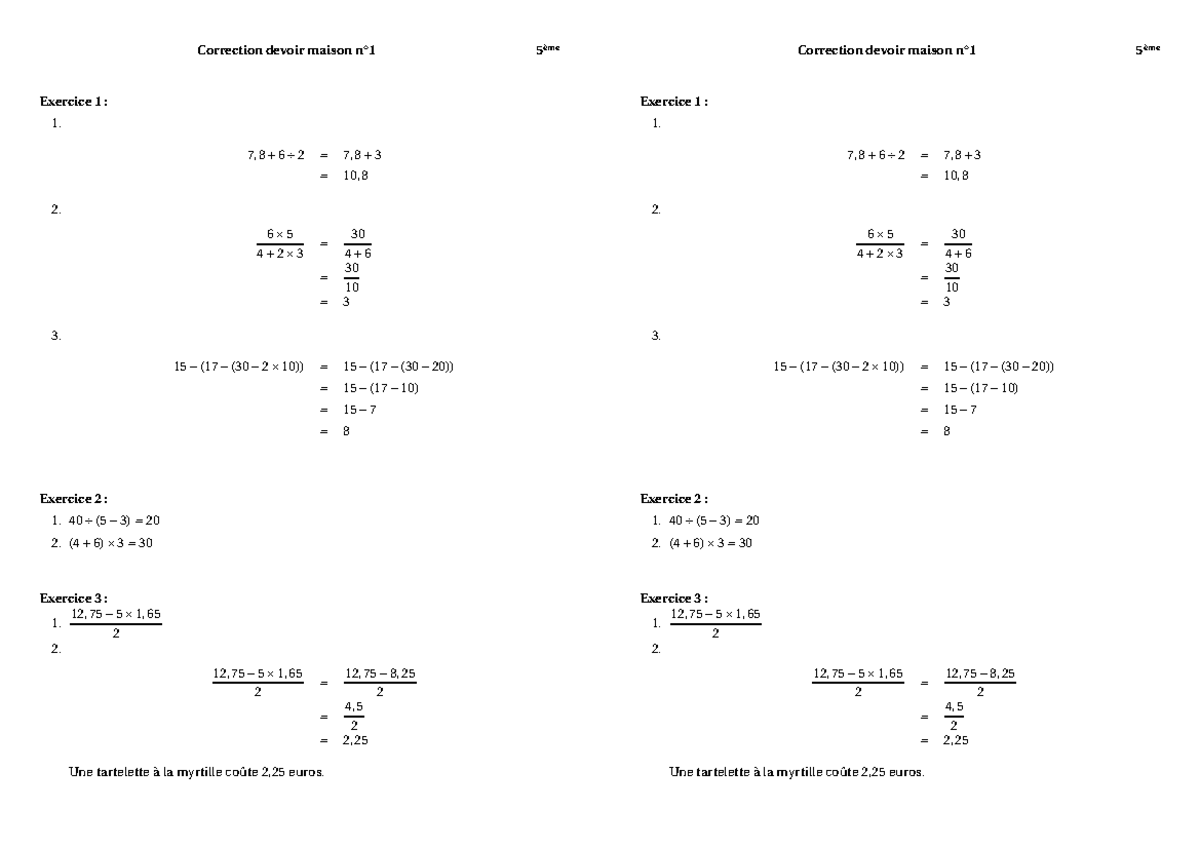 Correction-devoir-maison-1 5eme - Correction devoir maison n° ème 5 Exercice 1 : 1. 7, 8 + 6 ÷ 2 ...