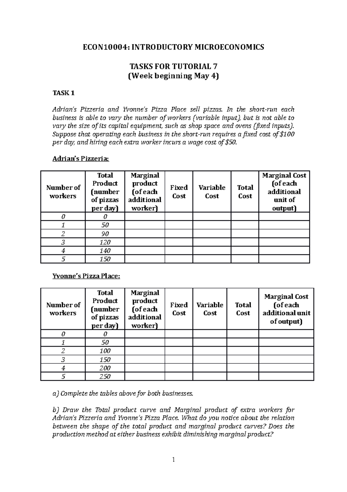 Week 7 Questions - ECON10004: INTRODUCTORY MICROECONOMICS TASKS FOR TUTORIAL 7 (Week beginning ...