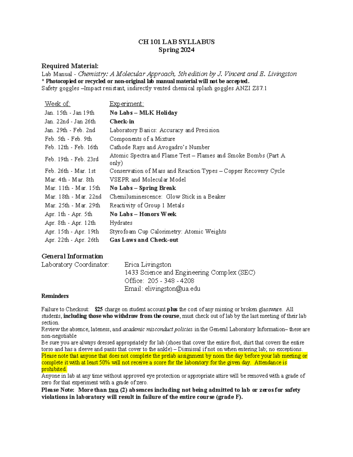 CH 101 Spring 2024 lab syllabus - CH 101 LAB SYLLABUS Spring 2024 ...