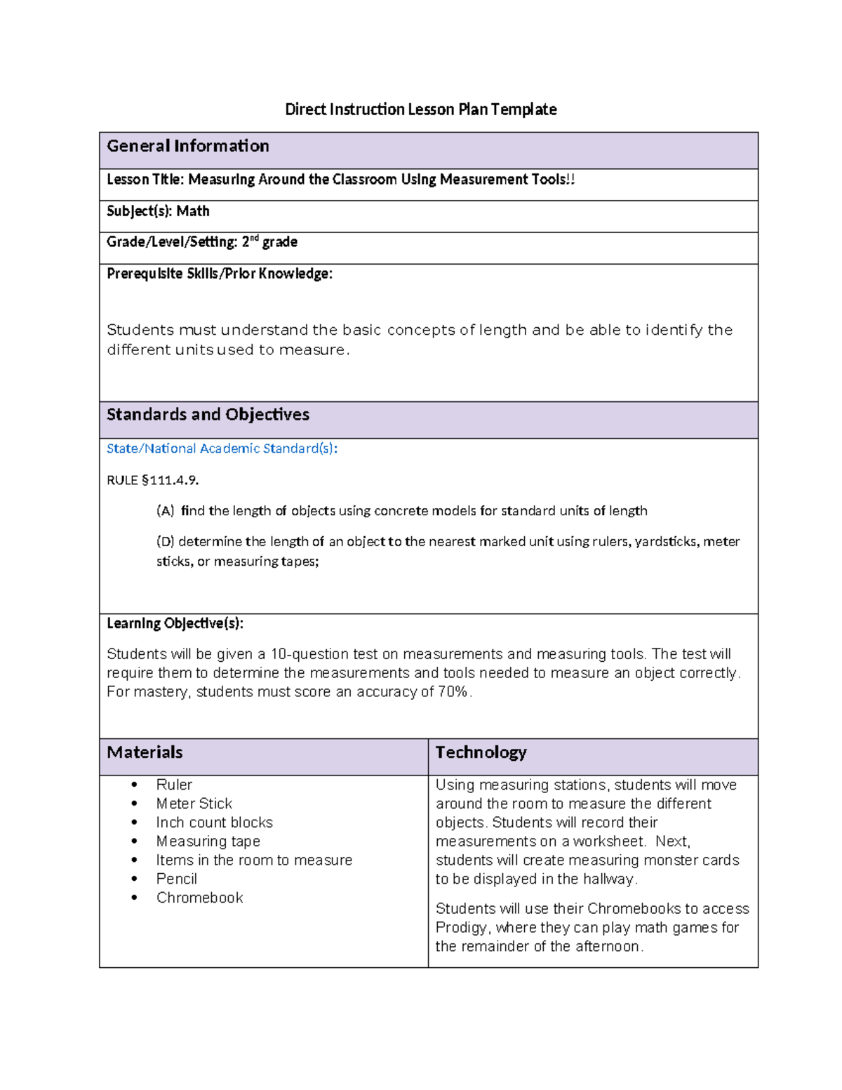 C109 math lesson plan Revision - Direct Instruction Lesson Plan ...