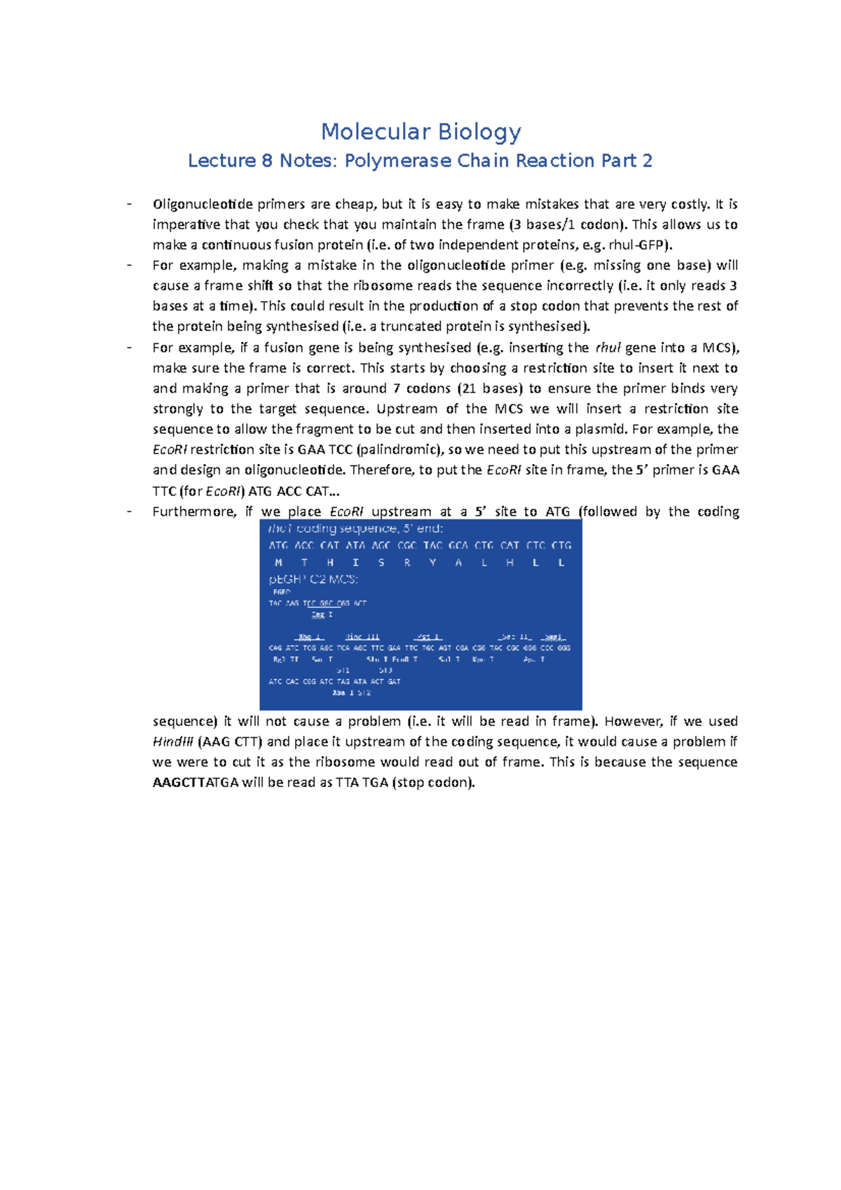 Lecture 8 Notes (Polymerase Chain Reaction Part 2) - Molecular Biology ...