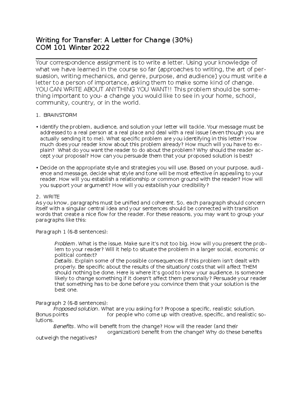 Letter for Change COM 101 Winter 2022 - Writing for Transfer: A Letter ...