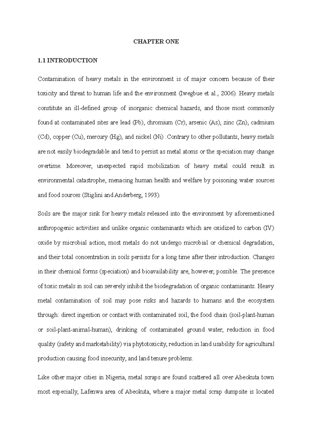 Determination of Heavy Metal - CHAPTER ONE 1 INTRODUCTION Contamination ...