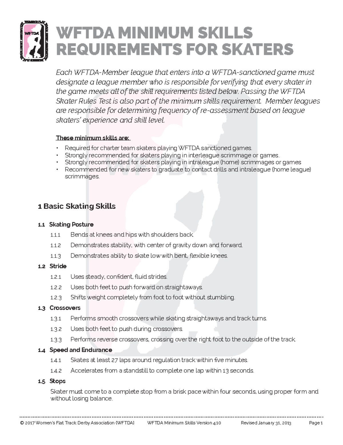 Wftda minimum skills requirements - WFTDA MINIMUM SKILLS REQUIREMENTS ...