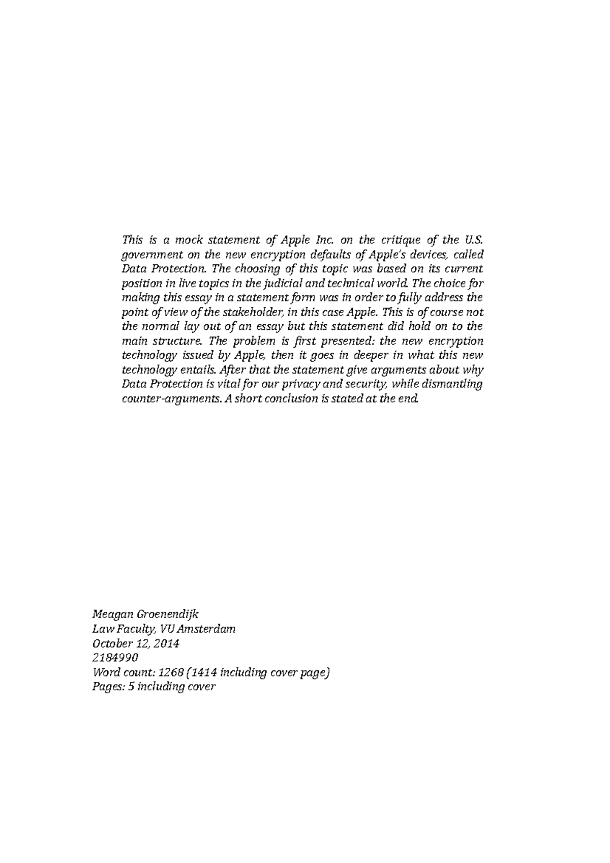 Essay - "Mock statement of Apple Inc. on the critique of the U.S ...