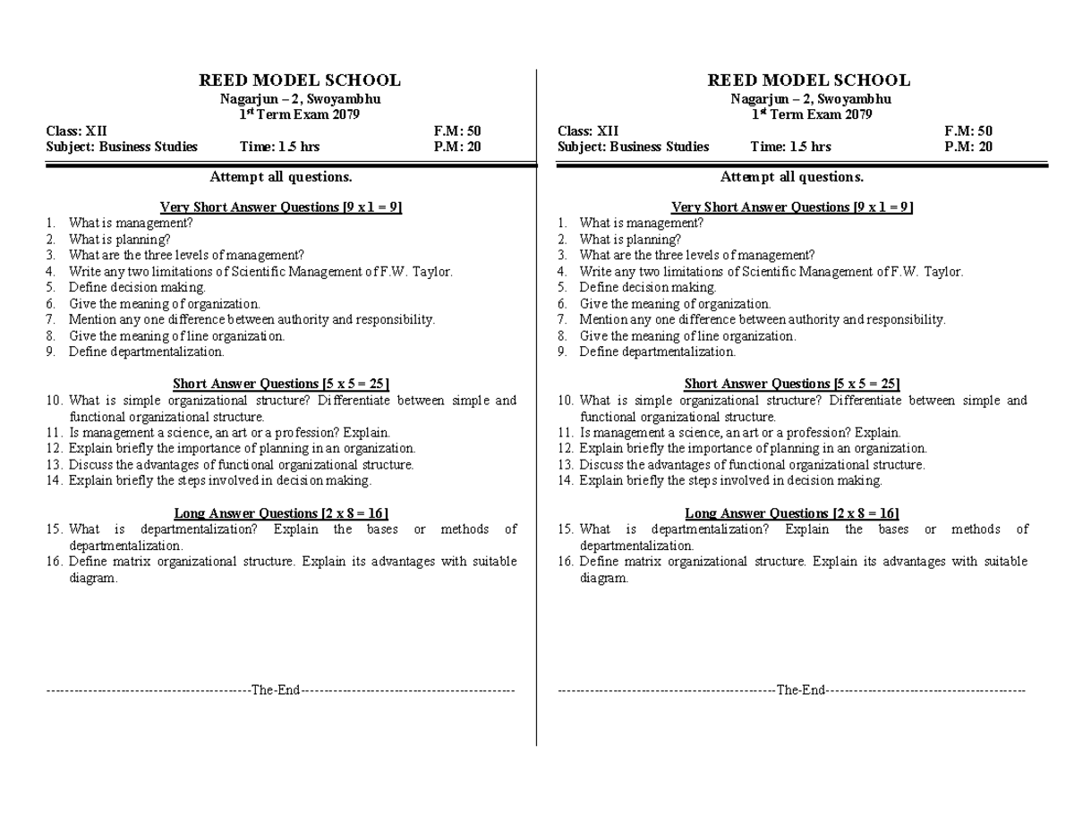 Business-Studies-Question - REED MODEL SCHOOL Nagarjun – 2, Swoyambhu 1 ...