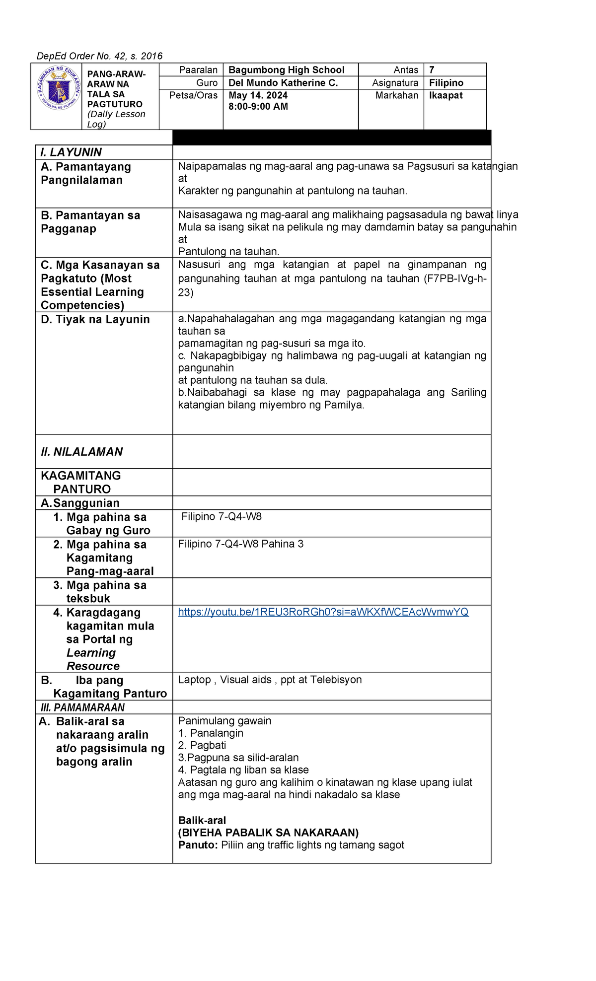 DM Lesson PLAN Final DEMO WEEK8 - I. LAYUNIN A. Pamantayang ...