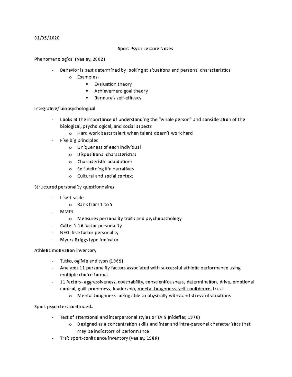Psych 167 Lecture 2 - 02/05/ Sport Psych Lecture Notes Phenomenological ...