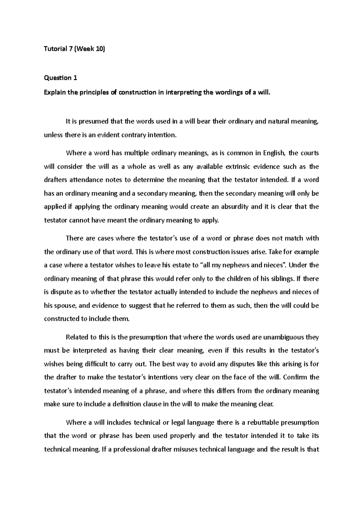 Tutorial 7 Week 10 - Tutorial 7 (Week 10) Question 1 Explain the ...