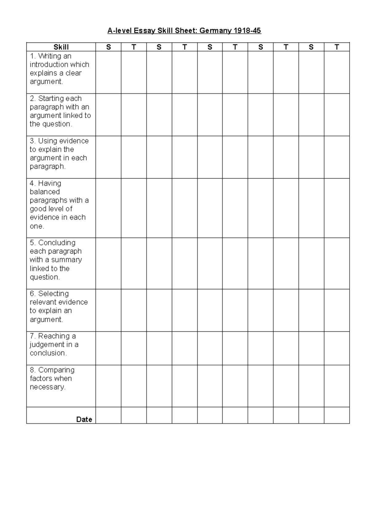 A-level Essay Student Target Sheet Germany - A-level Essay Skill Sheet ...