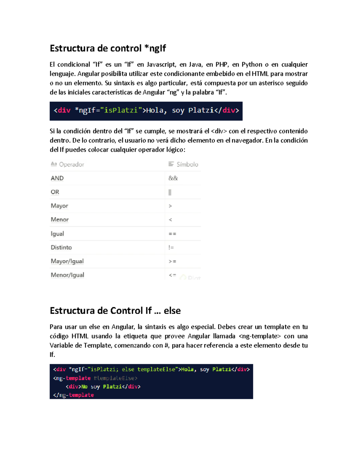 Material de Apoyo - ng If - if else - for - Estructura de control *ngIf El condicional