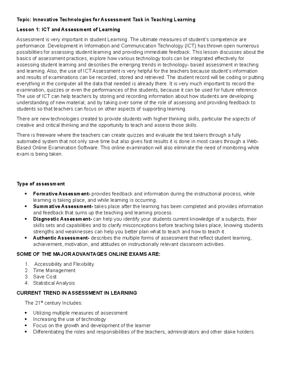 Topic TTH summary - UJUI; - Topic: Innovative Technologies for Assessment Task in Teaching ...