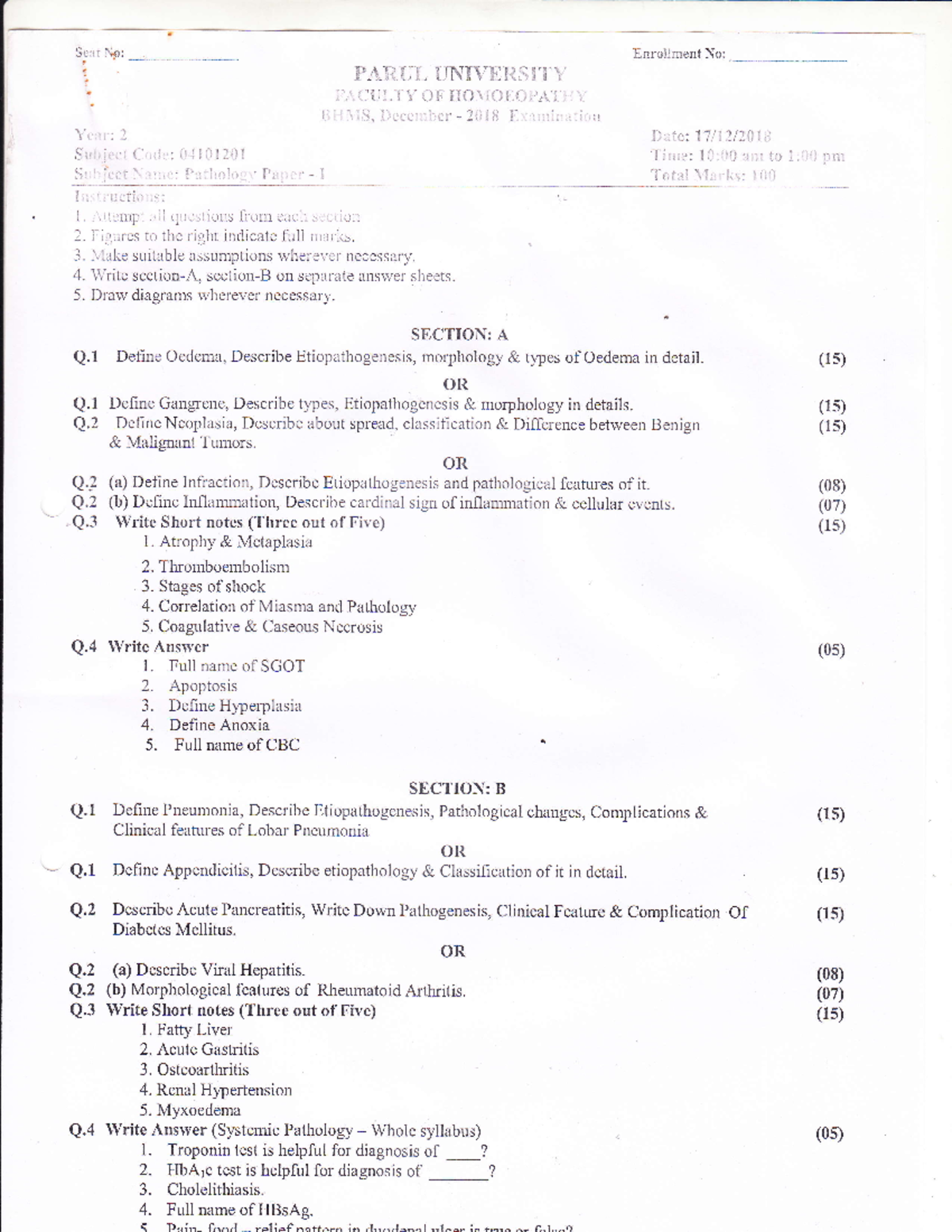Pathology 1 Final EXAM DEC 2018 - Enroi!rnent No: }'Alri iJi- tIl{vE}l ...