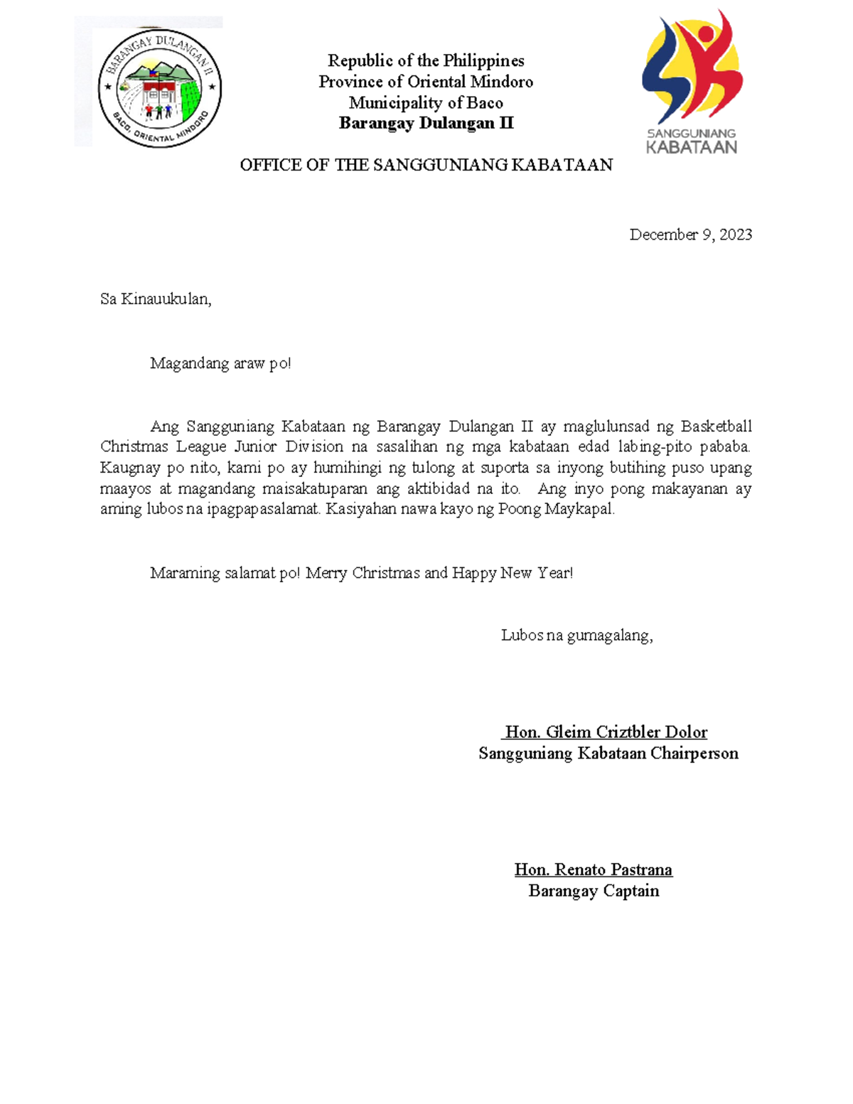 Solicitation- Basketball - Republic of the Philippines Province of ...