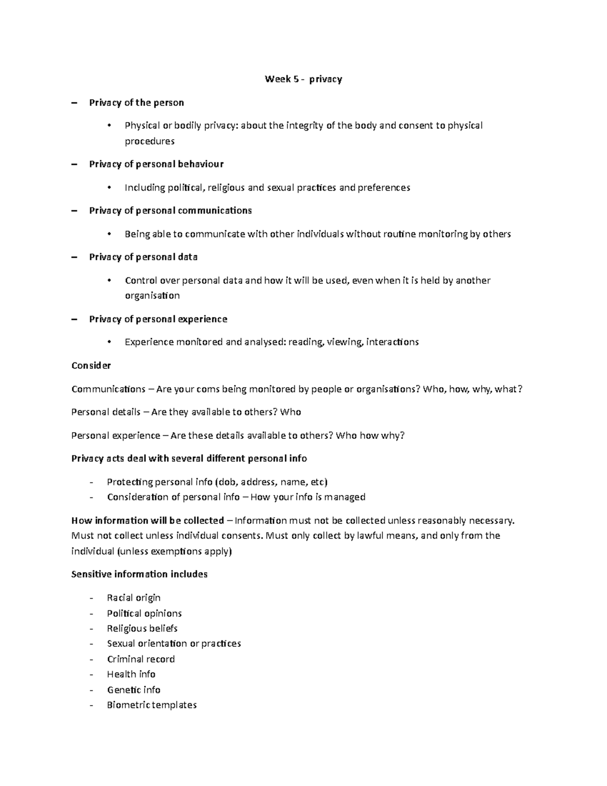 240 study notes - Week 5 - privacy Privacy of the person Physical or ...