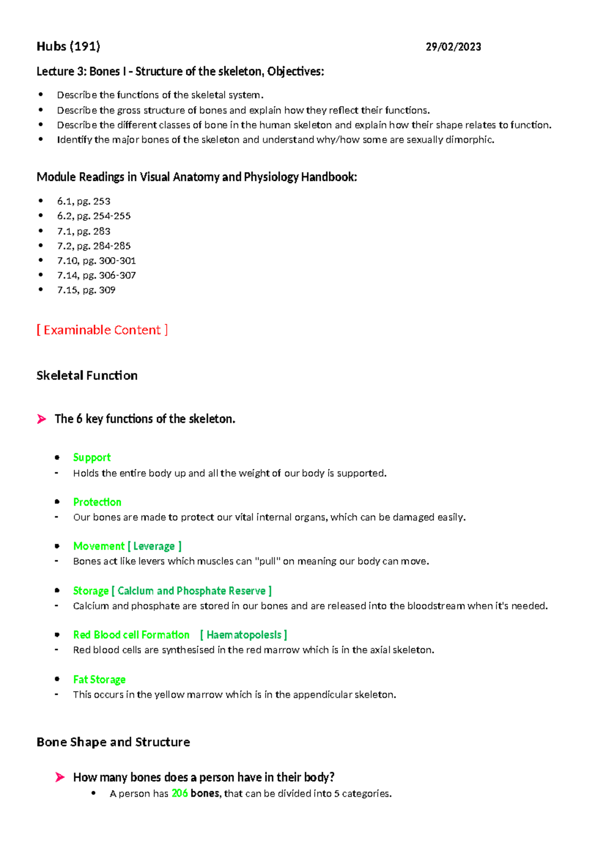 HUBS (191) Lecture 3 [Notes] - Hubs (191) 29/02/ Lecture 3: Bones I ...