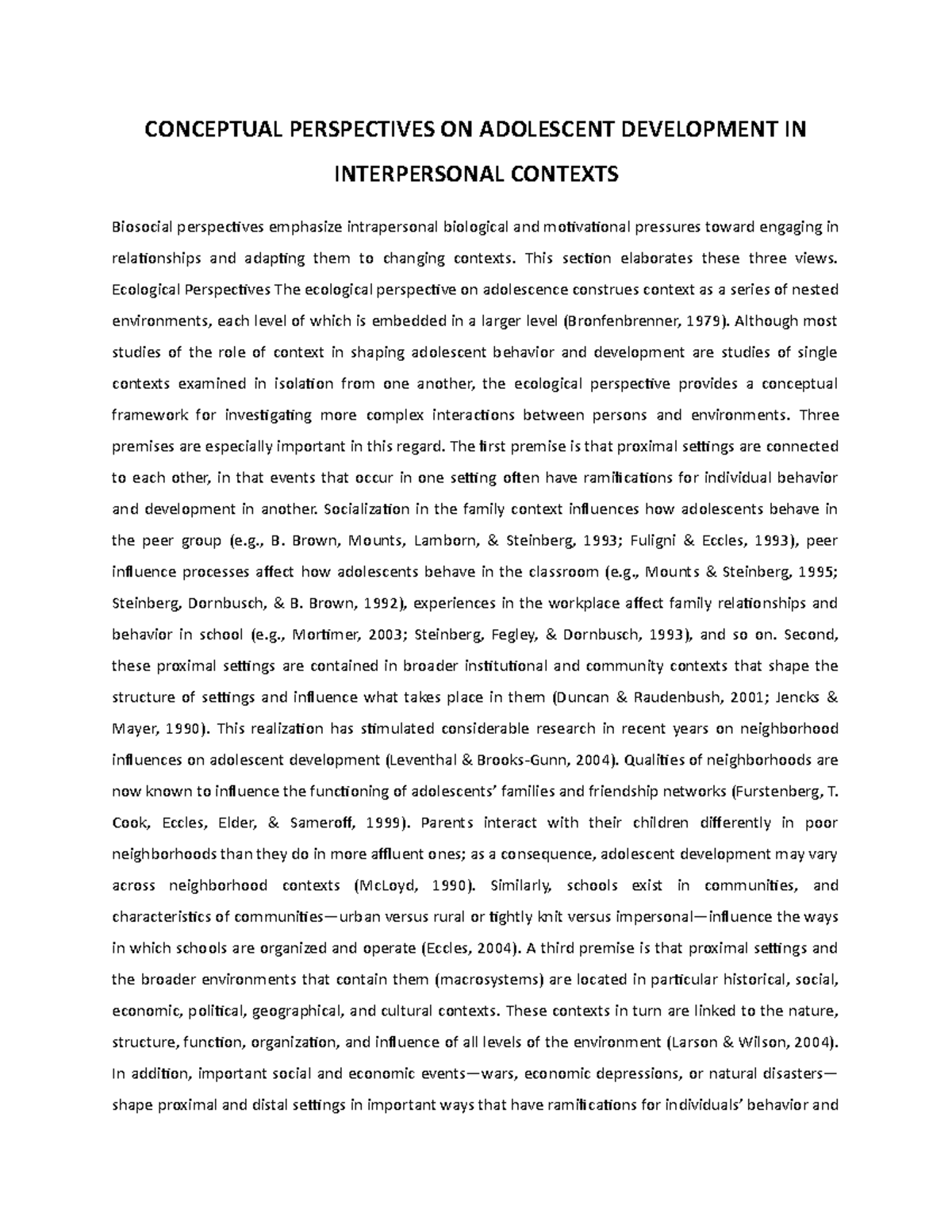 Conceptual Perspectives ON Adolescent Development IN Interpersonal ...