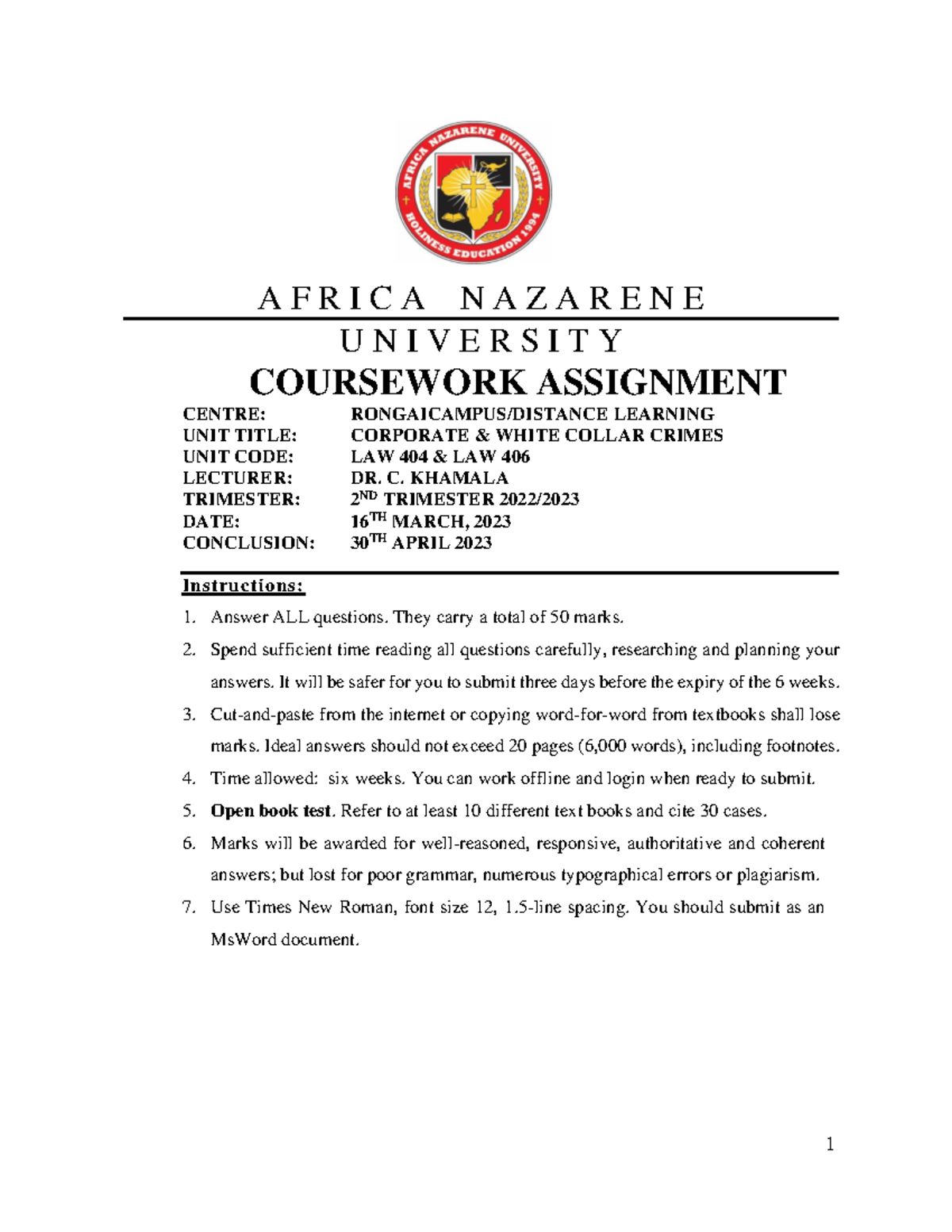 Corporate White Collar Crime Coursework Questions MAY 2023 - A F R I C ...