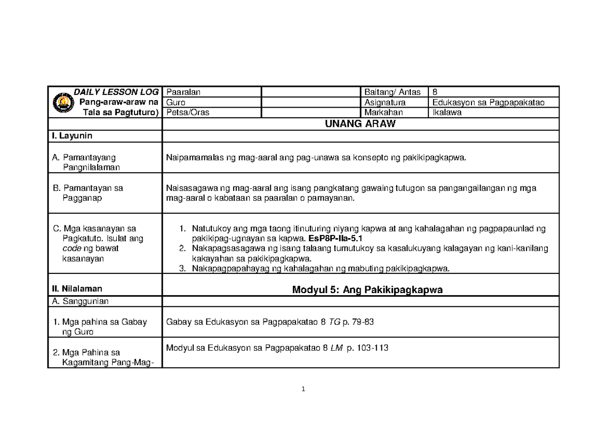 Es P DLL 8 Module 5 - Detailed Lesson Plan in EsP 8 - DAILY LESSON LOG ...