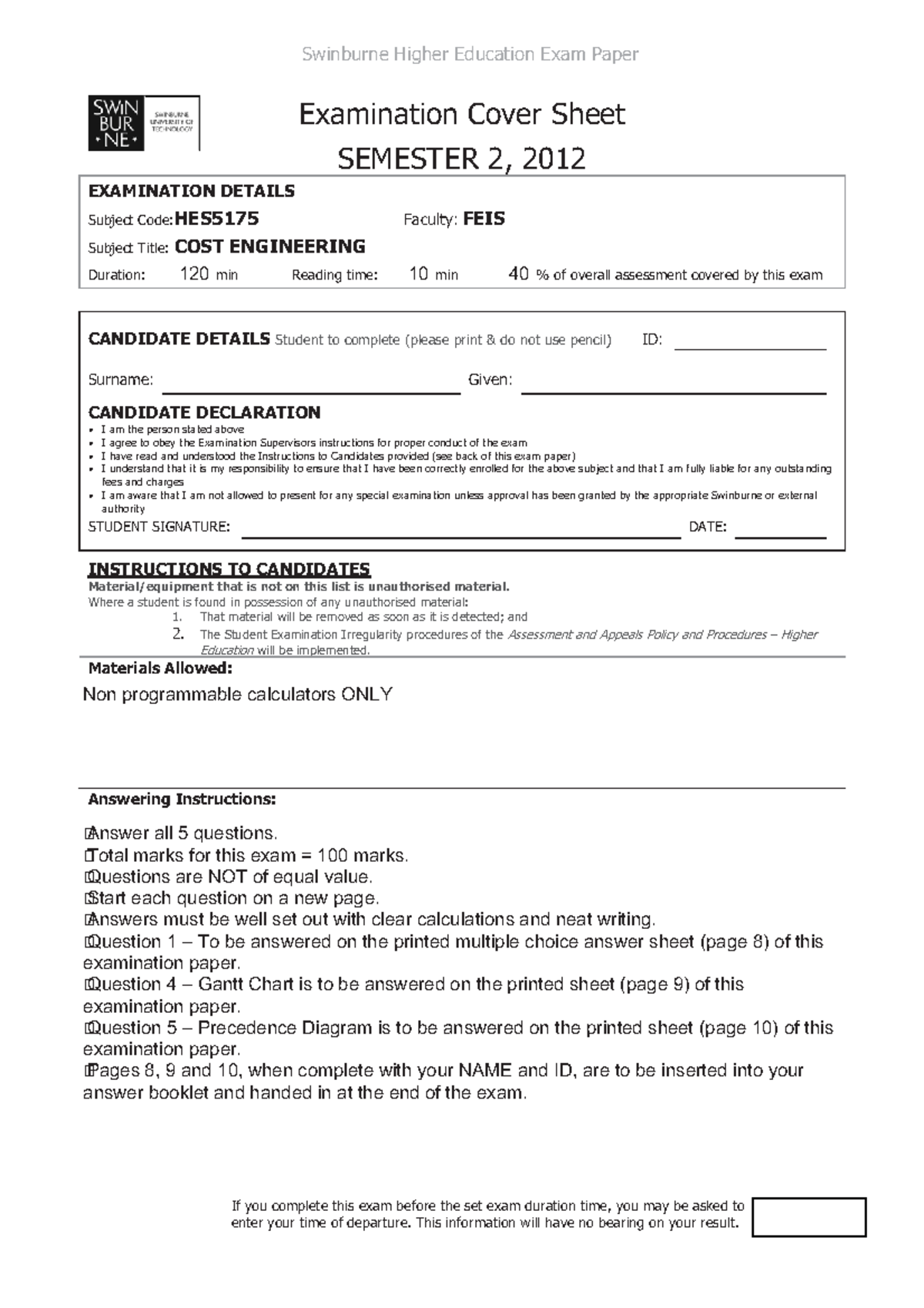 Exam 7 2012, questions - Swinburne Higher Education Exam Paper ...