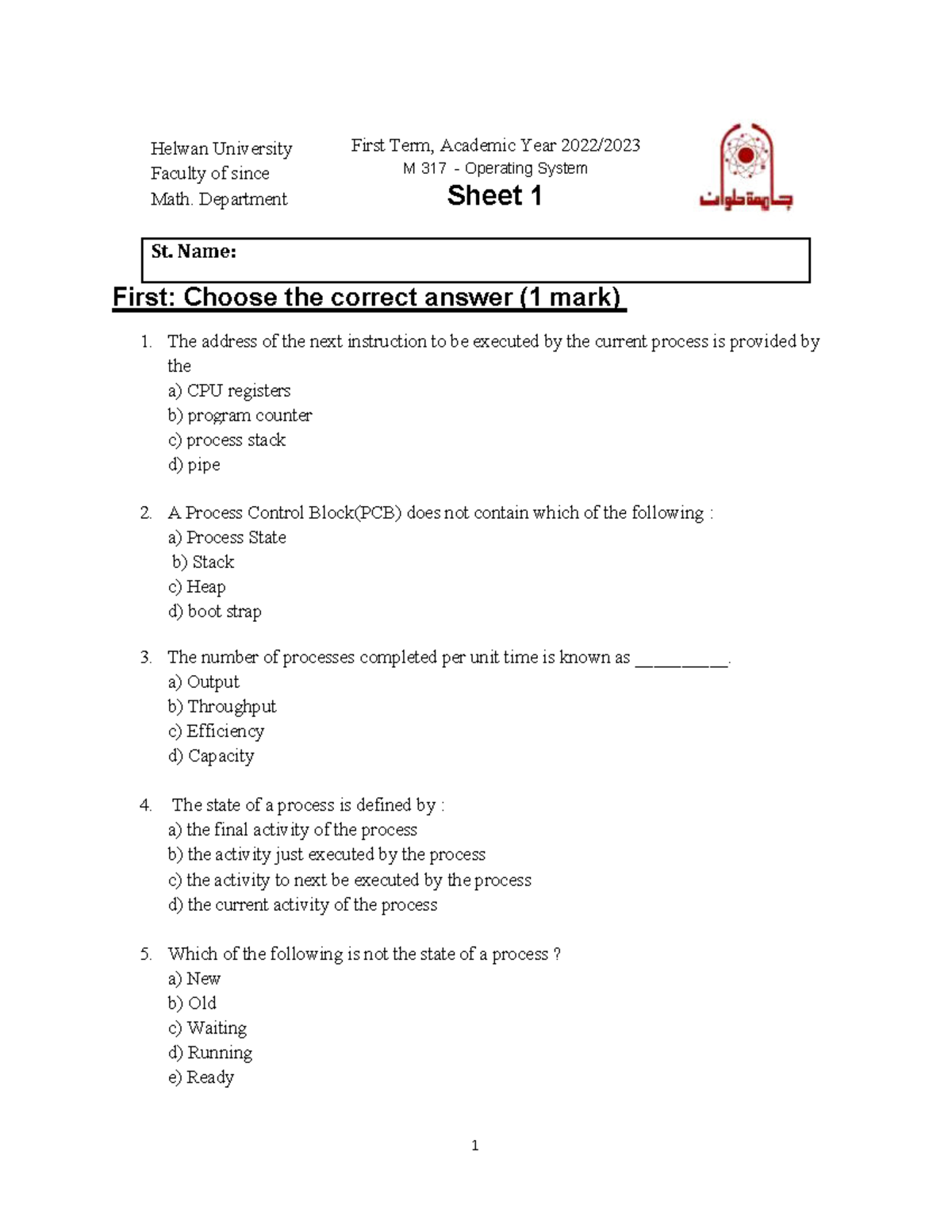 OS Sheet( 2 ) - O.S - First Term, Academic Year 2022/ M 317 - Operating ...