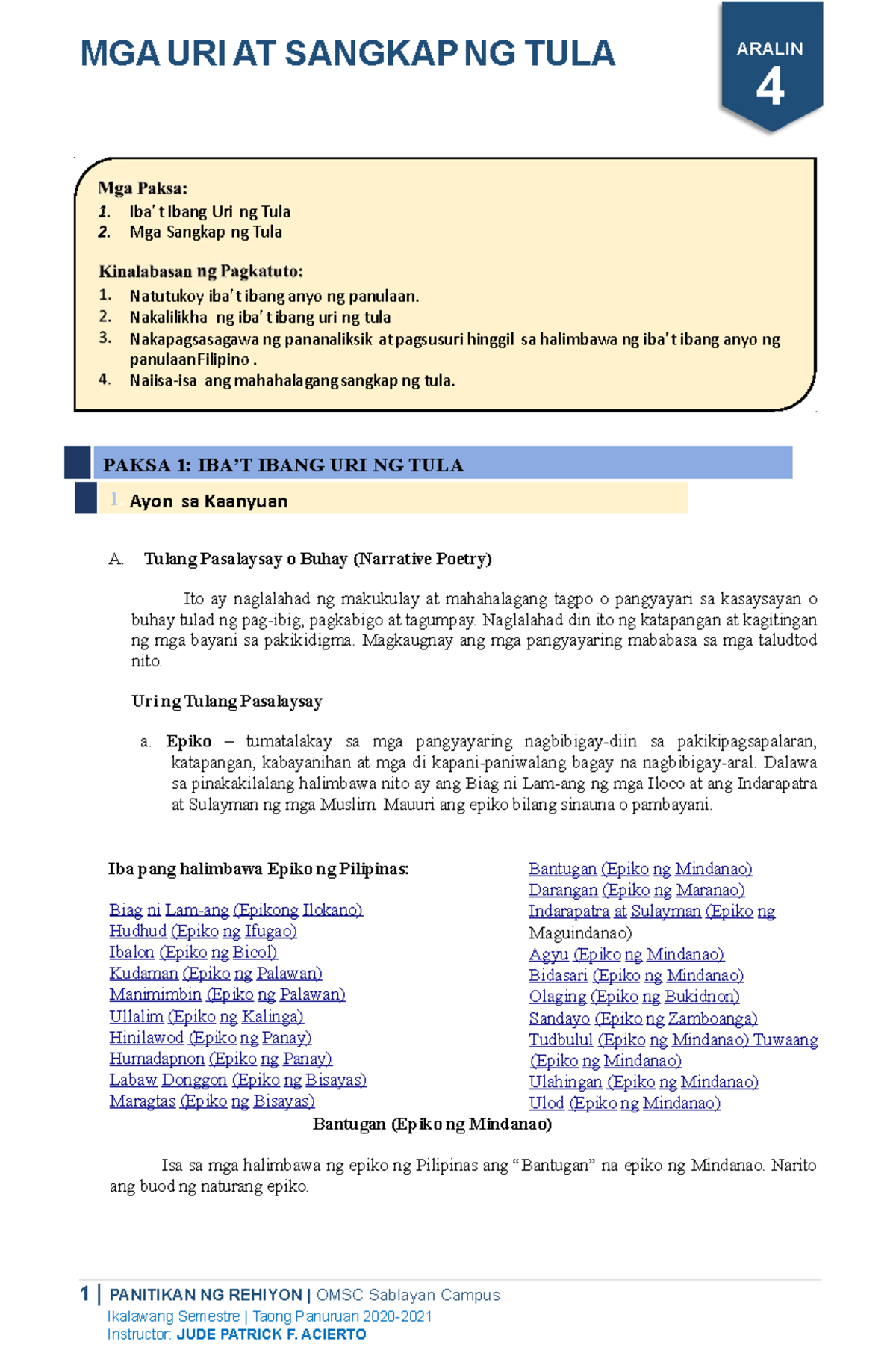 Tula%20lesson%204 - Class notes that help you to learn - PAKSA 1: IBA’T ...