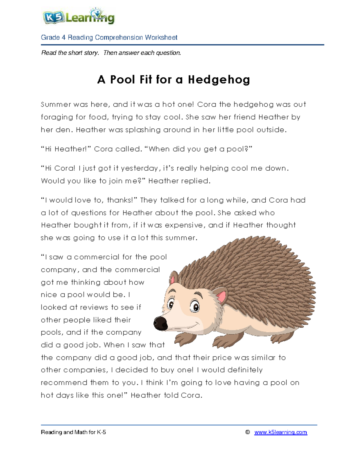4th grade 4 reading pool fit for hedgehog - Read the short story. Then ...