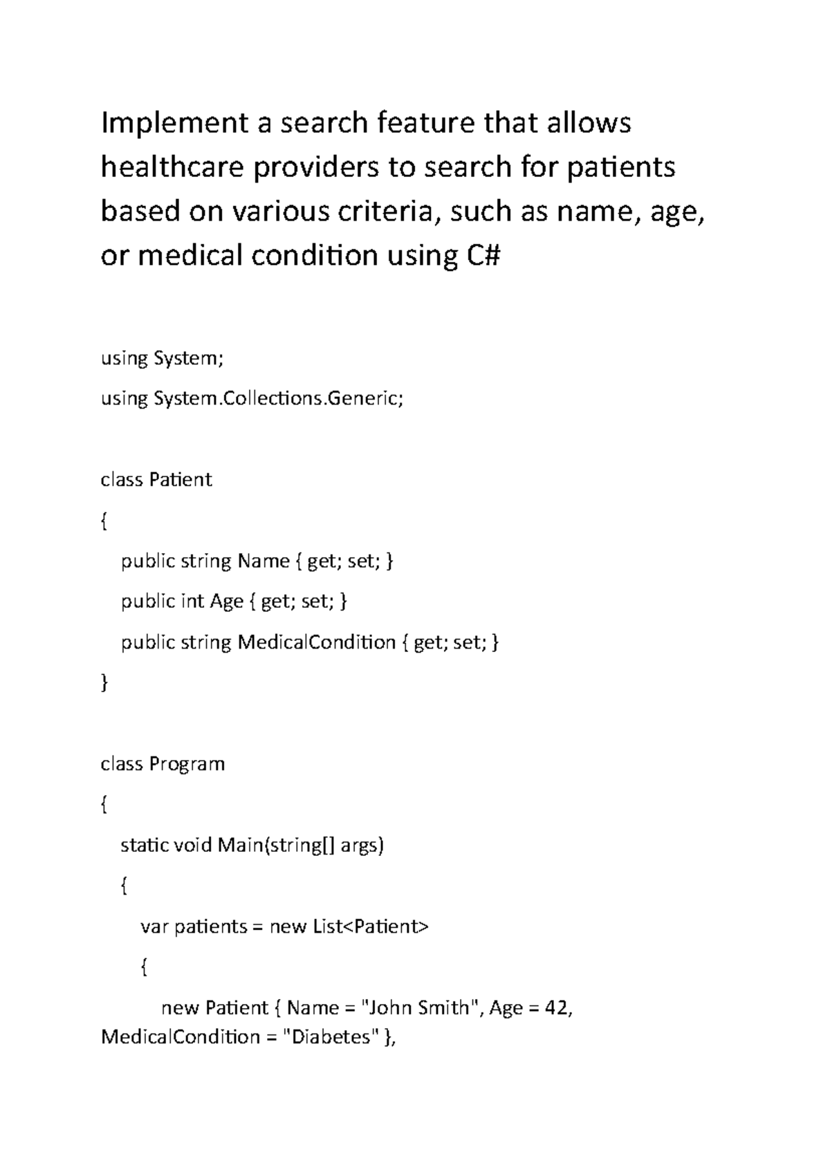 Patients based on various -C# - Implement a search feature that allows ...