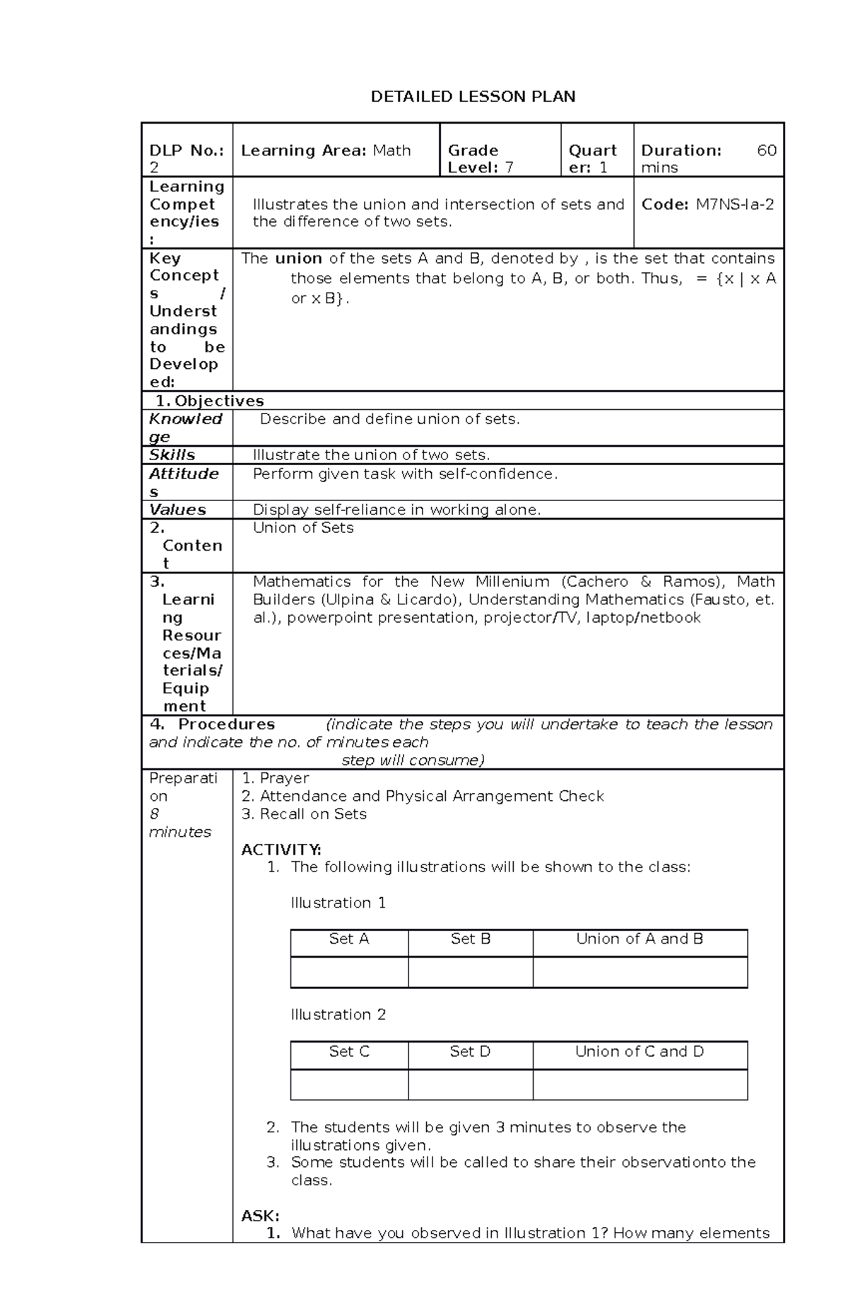 Lesson plan Mathematics - DETAILED LESSON PLAN DLP No.: 2 Learning Area ...