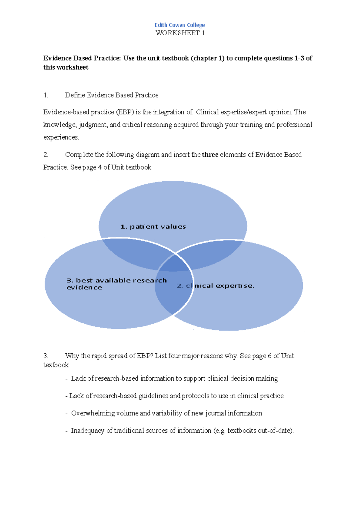 Worksheet 1 lecture notes - Edith Cowan CollegeWORKSHEET 1 Evidence ...