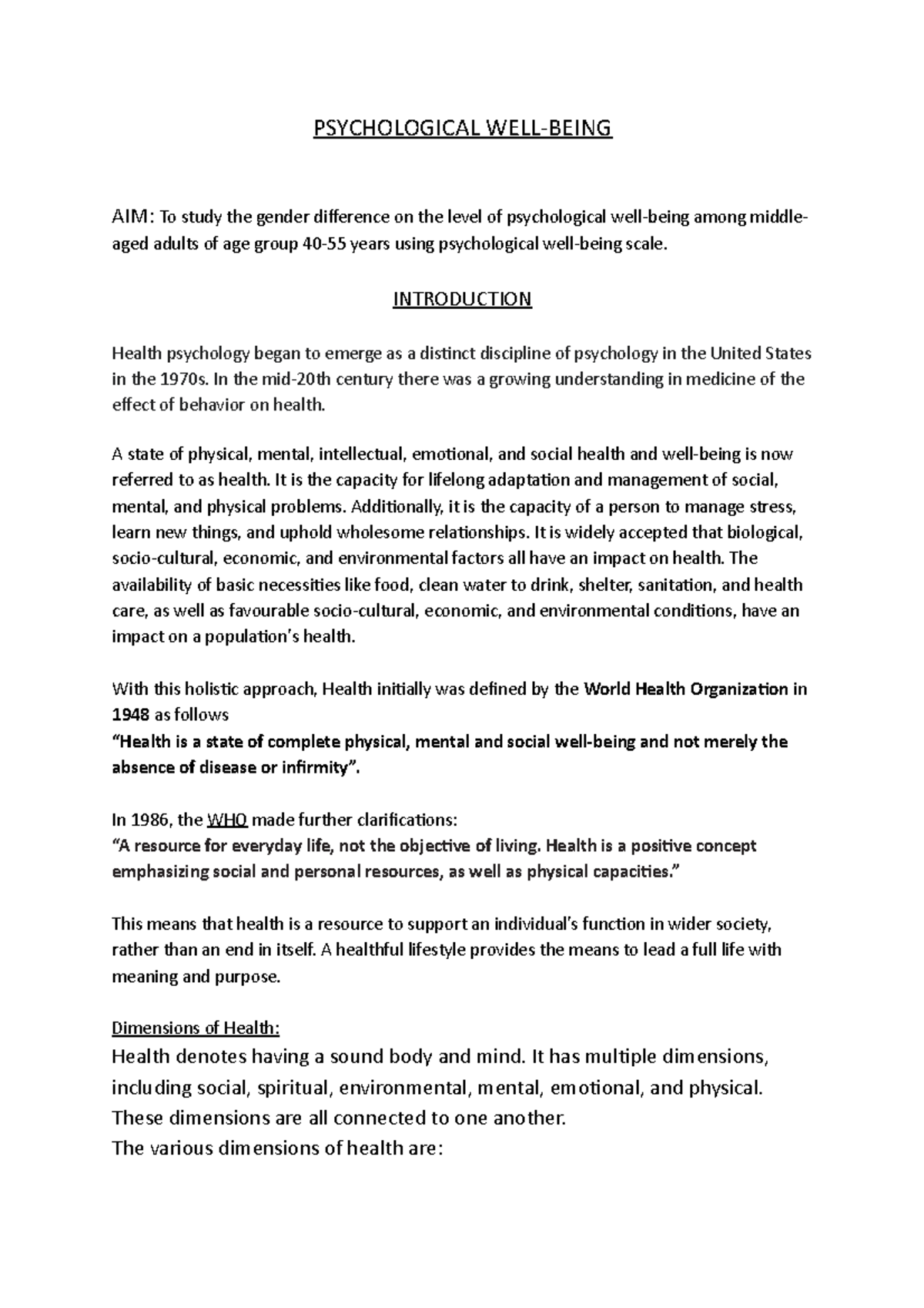 Well being again - Health psychology - PSYCHOLOGICAL WELL-BEING AIM: To ...