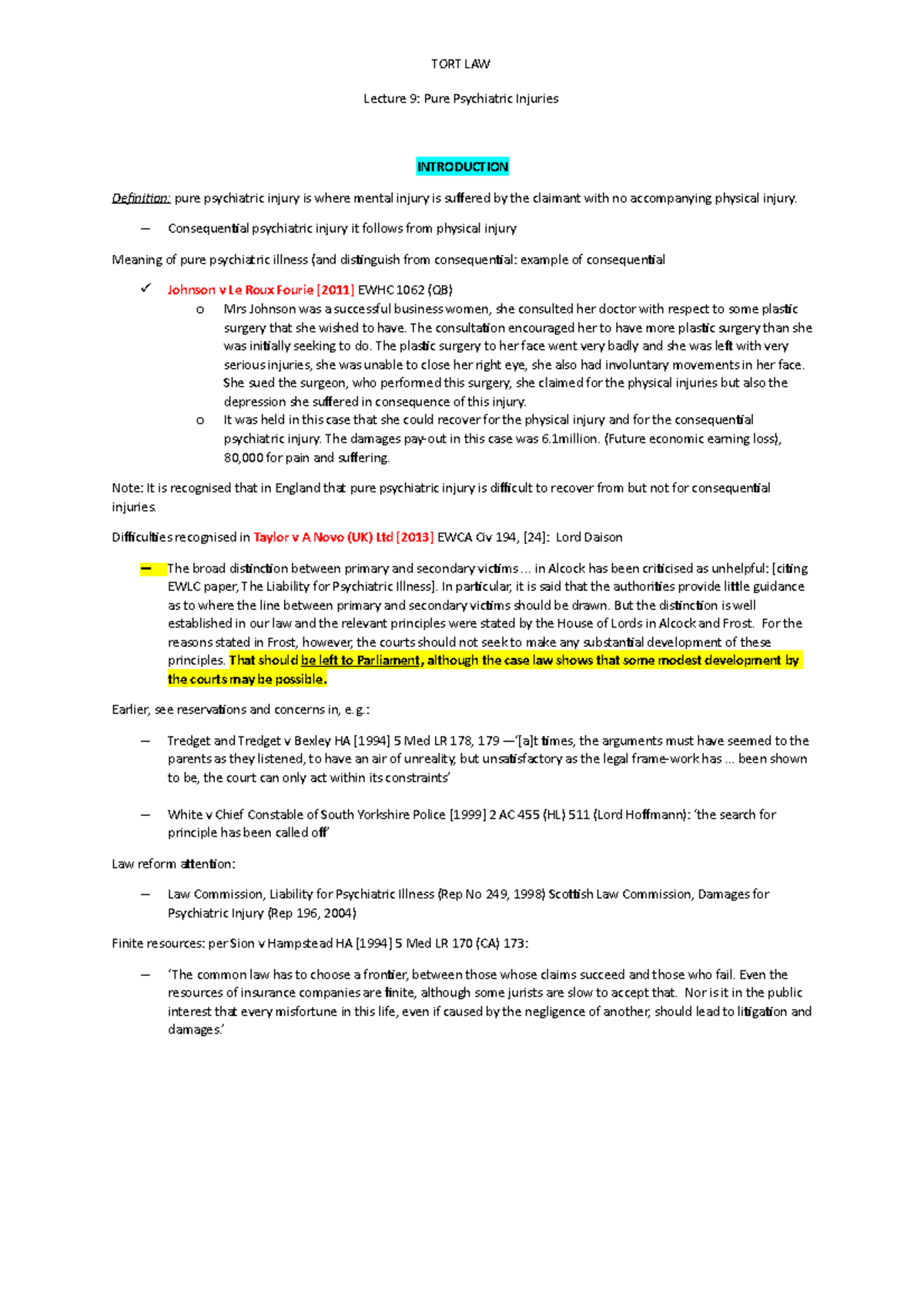 1.9 Pure Psychiatric Injuries - Lecture 9: Pure Psychiatric Injuries ...