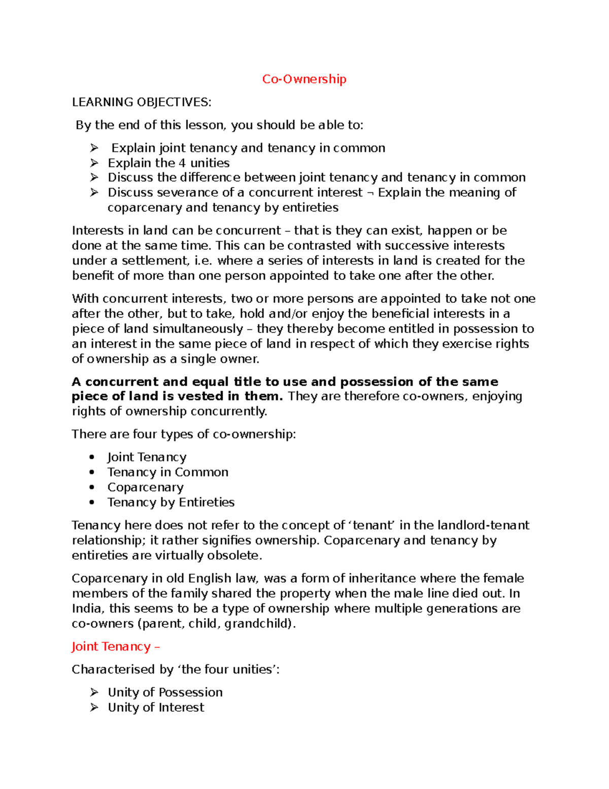 Co-ownership - Lecture notes 6 - Co-Ownership LEARNING OBJECTIVES: By ...