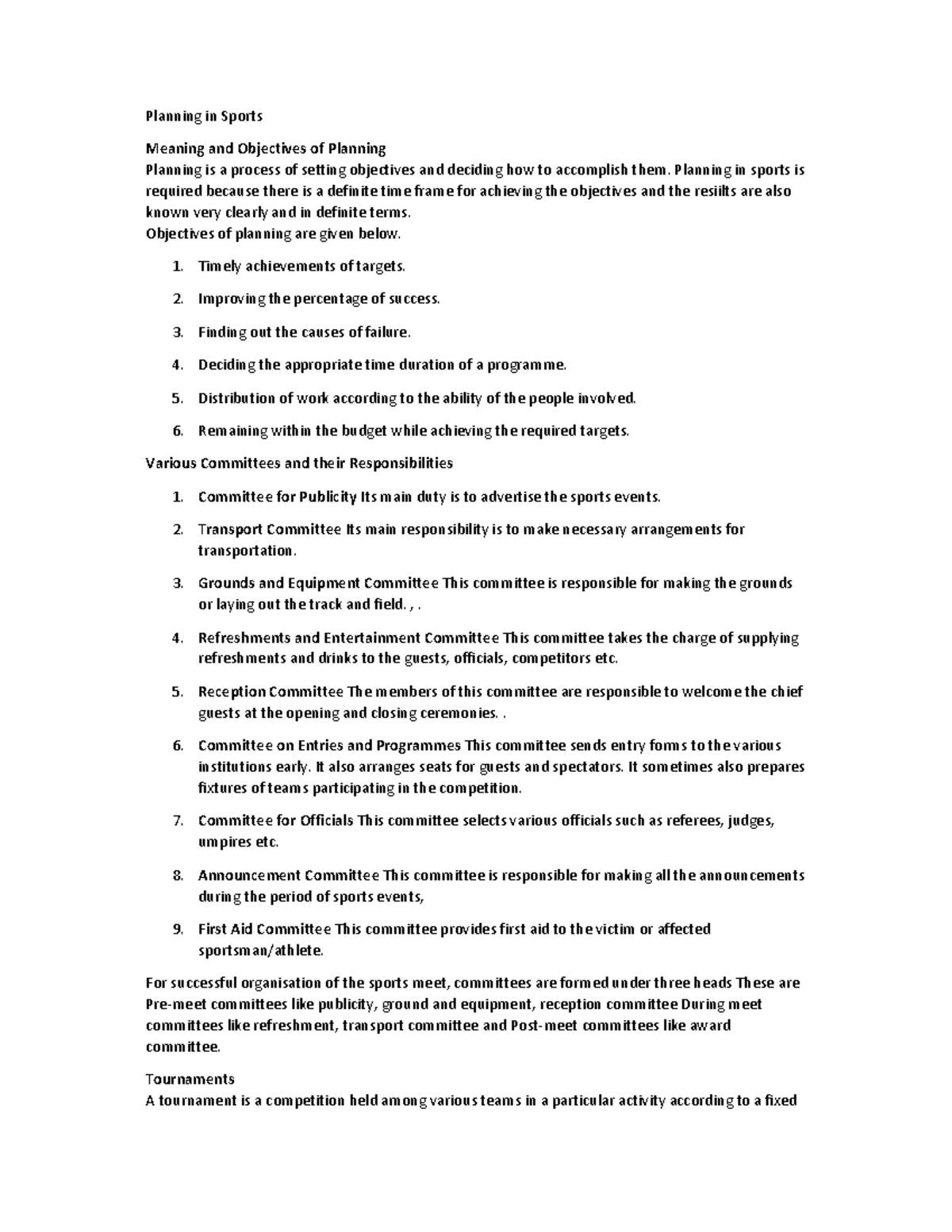 Physical Education Notes/Essays - Planning in Sports Meaning and ...