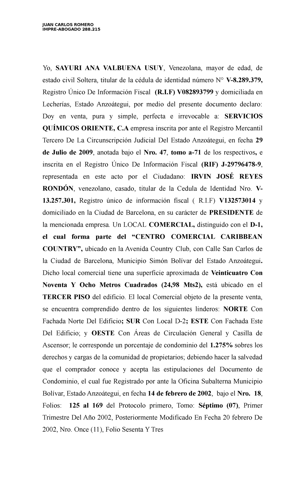 Compra venta Local D-1 - Derecho Civil - UCV - Studocu