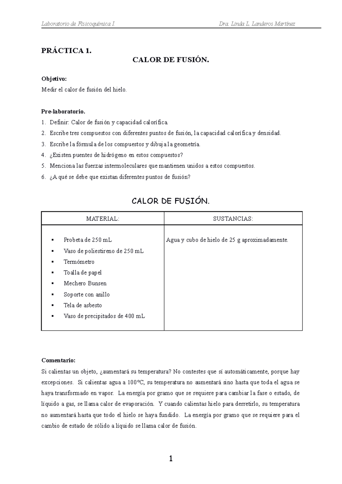 Practica 1-calor-fusion - Laboratorio de Fisicoquímica I. Dra. Linda L ...
