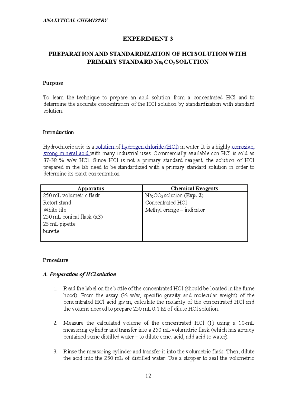CHM256 Laboratory Manual - EXPERIMENT 3 PREPARATION AND STANDARDIZATION ...