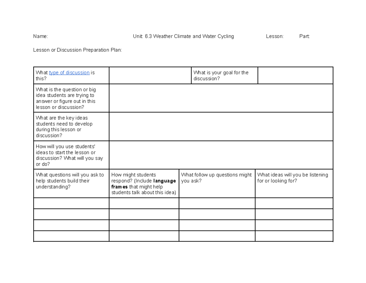 EDC 457 Lesson-Discussion Preparation Template - Name: Unit: 6 Weather ...
