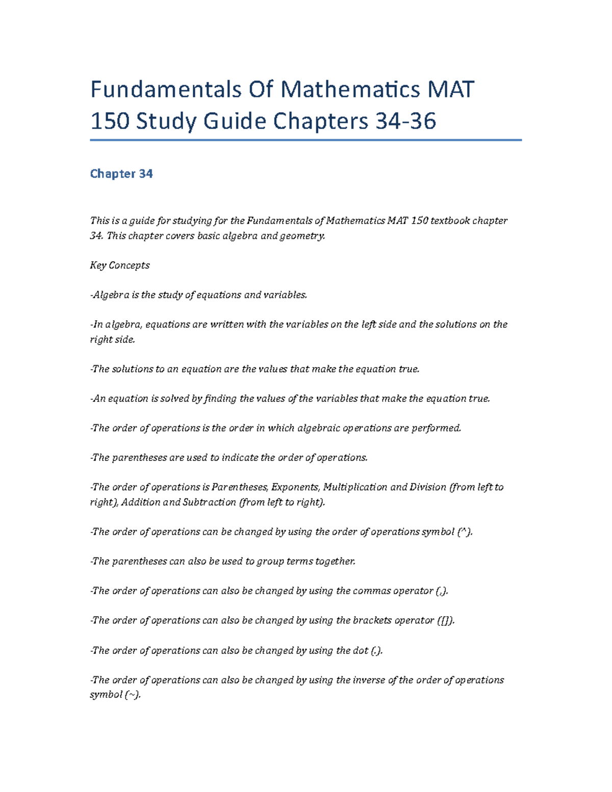 Fundamentals Of Mathematics MAT 150 Study Guide Chapters 34-36 - This ...